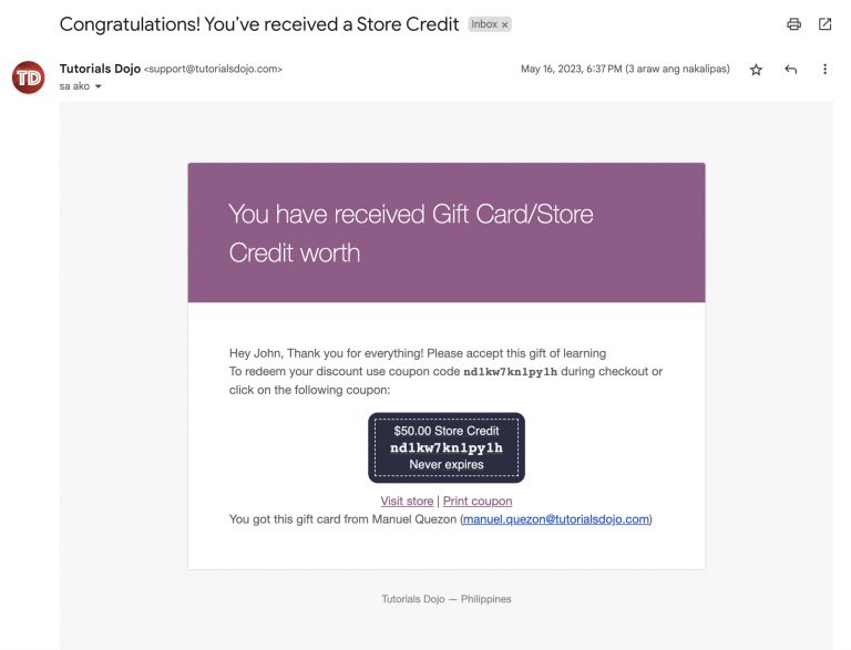 Tutorials Dojo Gift Card (Store Credit) - Tutorials Dojo