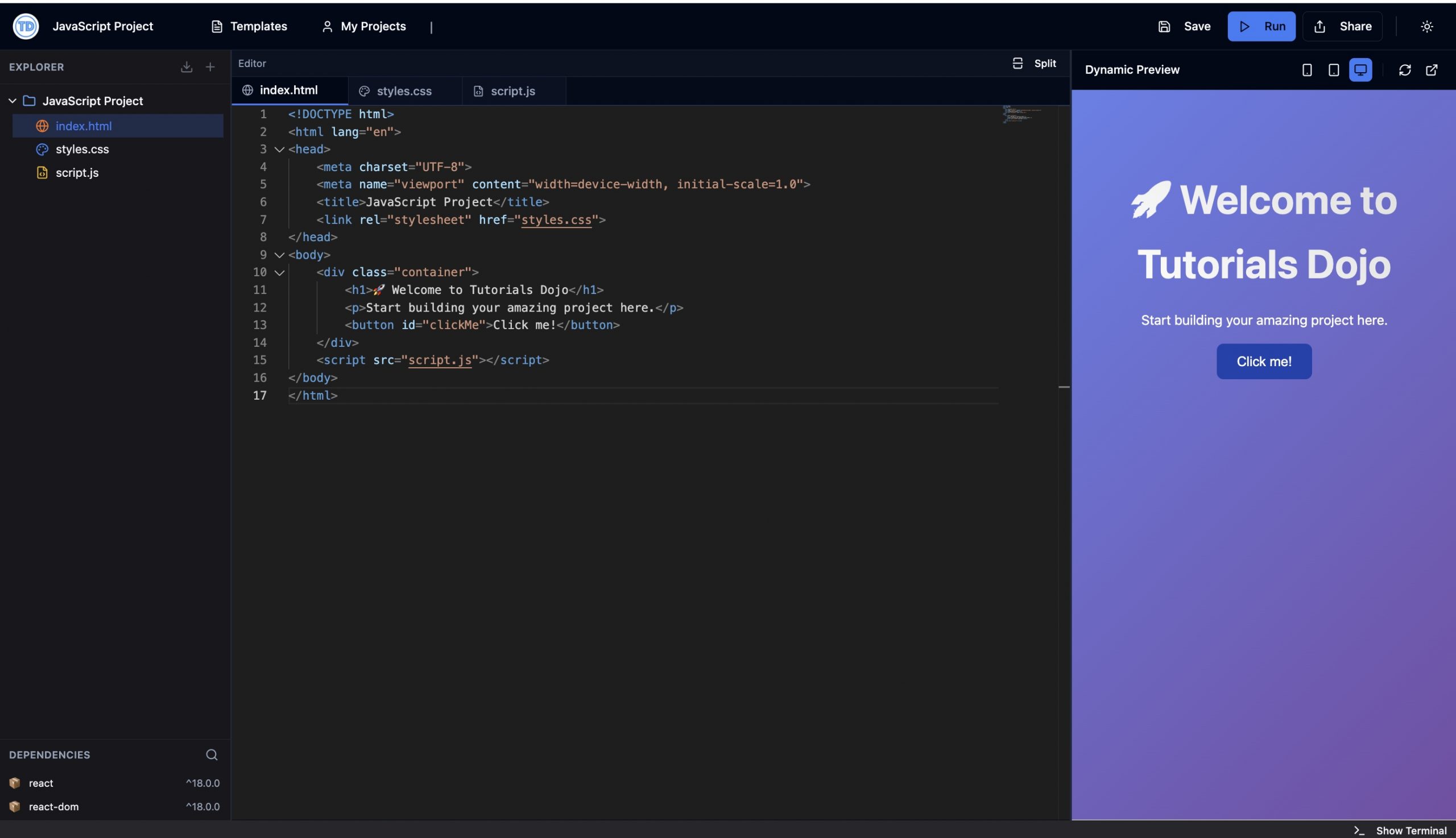 PlayCode JavaScript + HTML + CSS Lab - Tutorials Dojo